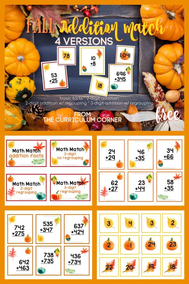 Fall Addition Match (w/ and w/out regrouping) - The Curriculum Corner 123