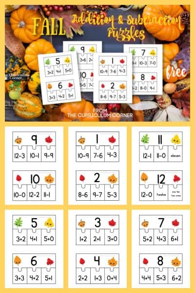 Fall Addition & Subtraction Fact Puzzles - The Curriculum Corner 123