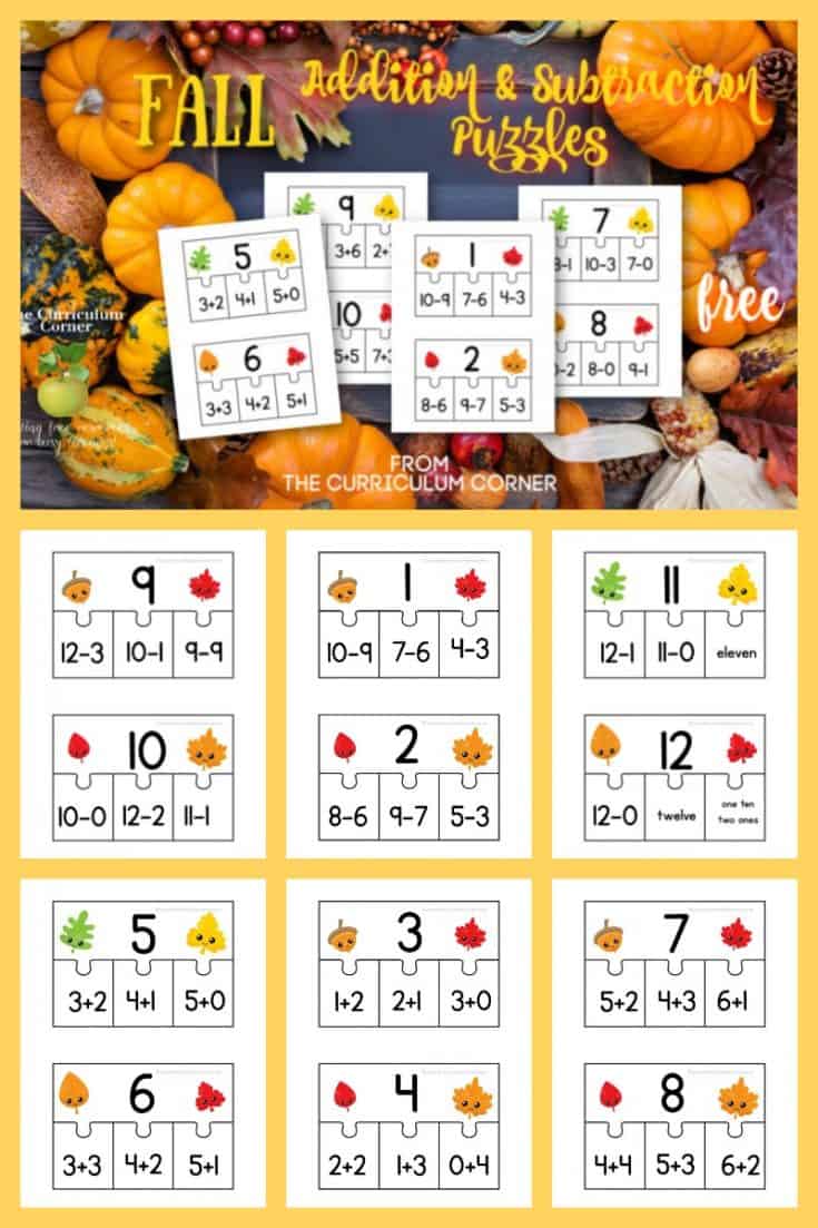 Fall Addition & Subtraction Fact Puzzles - The Curriculum Corner 123