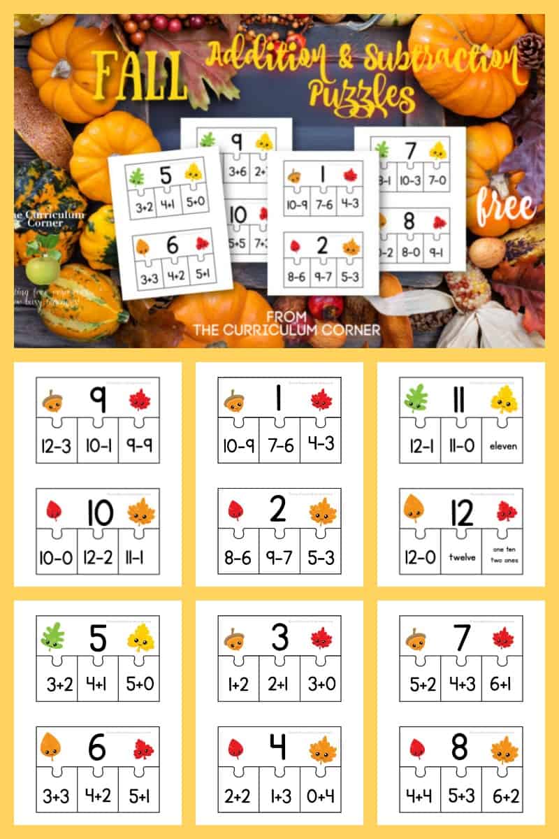 Fall Addition & Subtraction Fact Puzzles - The Curriculum Corner 123