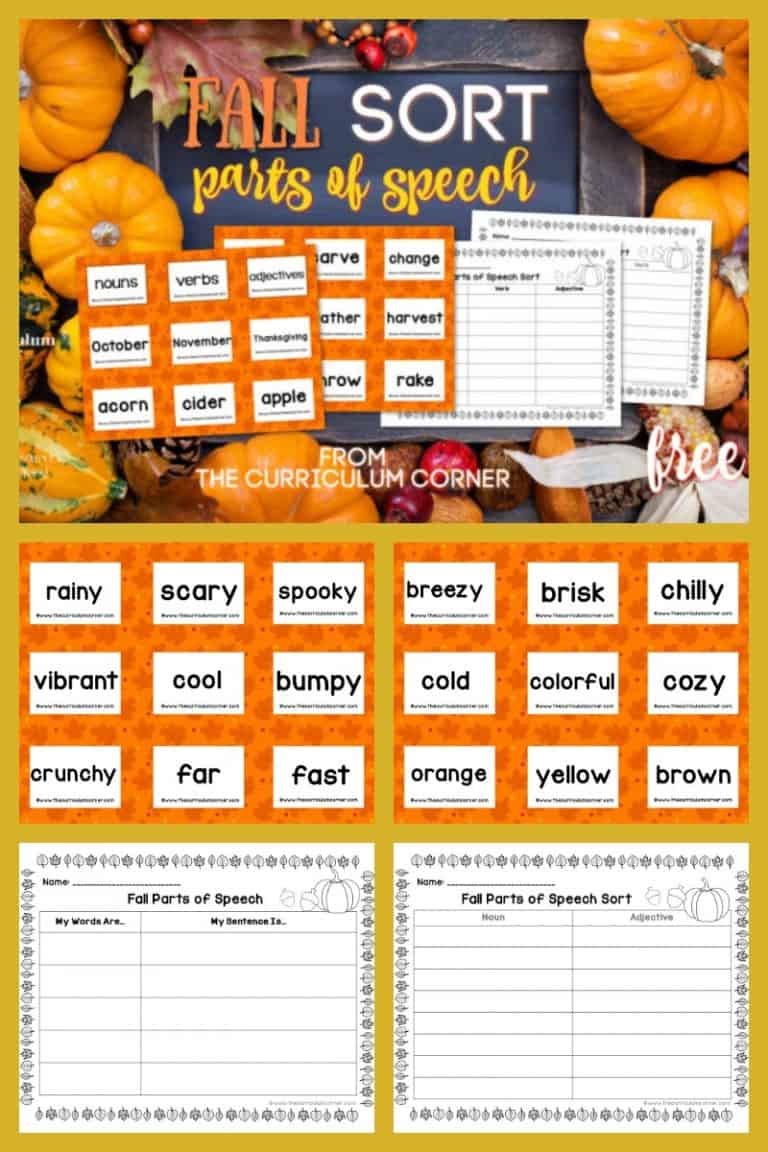 Fall Parts of Speech Sort - The Curriculum Corner 123