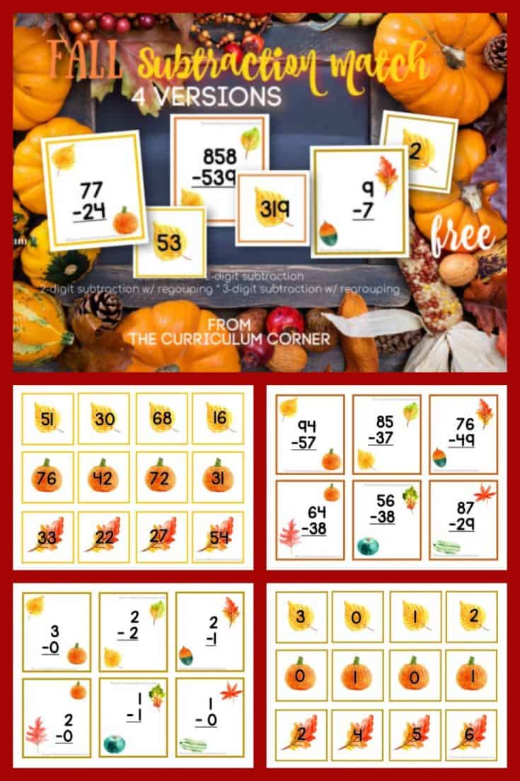 Fall Subtraction Match (w/ and w/out regrouping) - The Curriculum ...
