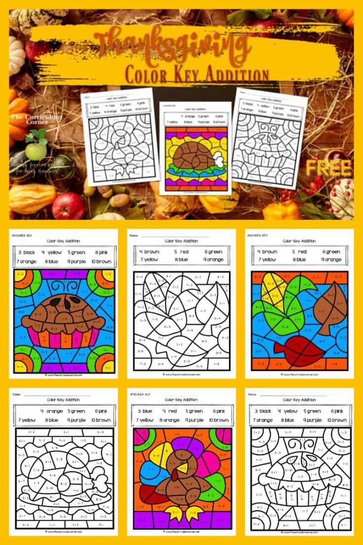 Thanksgiving Color Key Addition - The Curriculum Corner 123