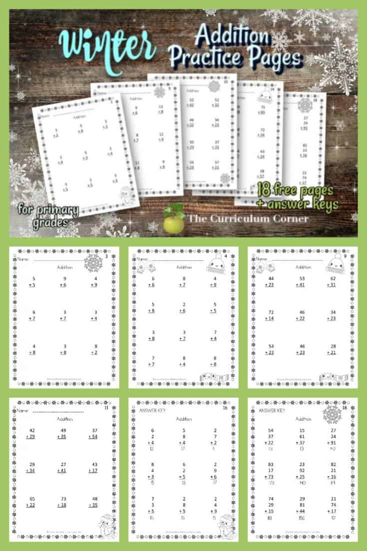 Winter Addition Practice Pages - The Curriculum Corner 123