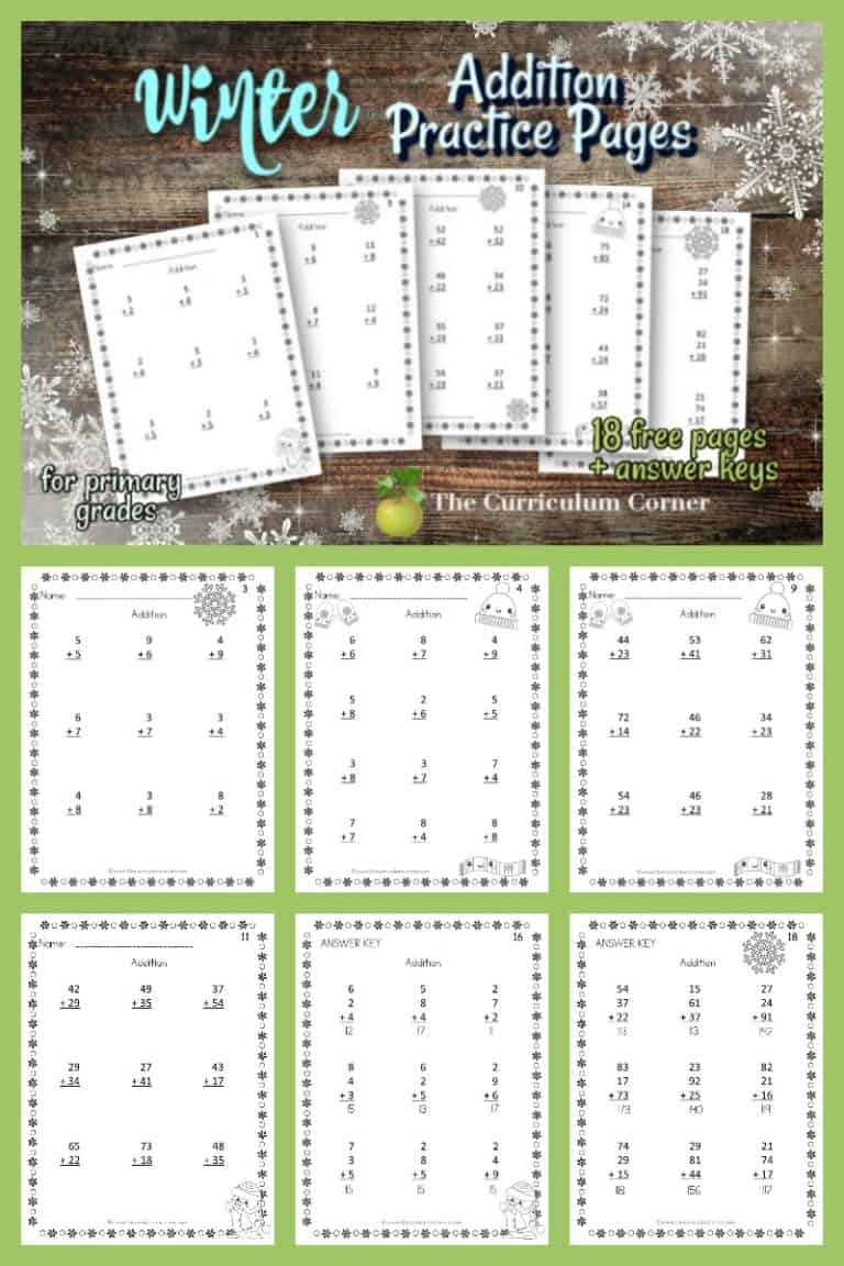 Winter Addition Practice Pages - The Curriculum Corner 123