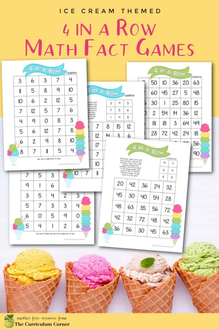 Printable 4 in a Row Math Games - The Curriculum Corner 123