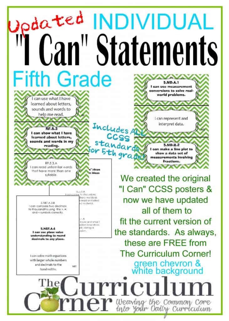 Individual I Can CCSS Statements for 5th Grade Common Core FREE from ...