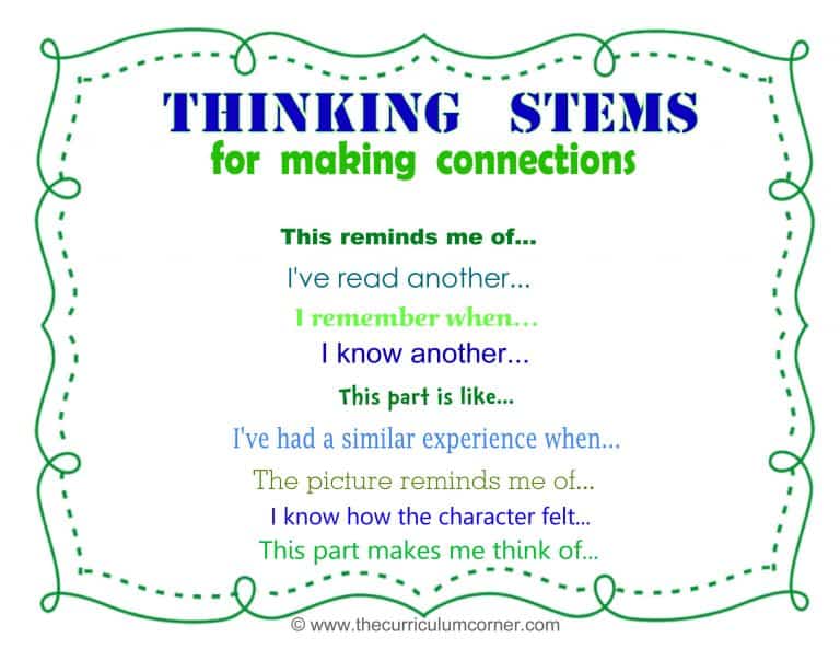 Making Connections Thinking Stems FREE from The Curriculum Corner plus ...