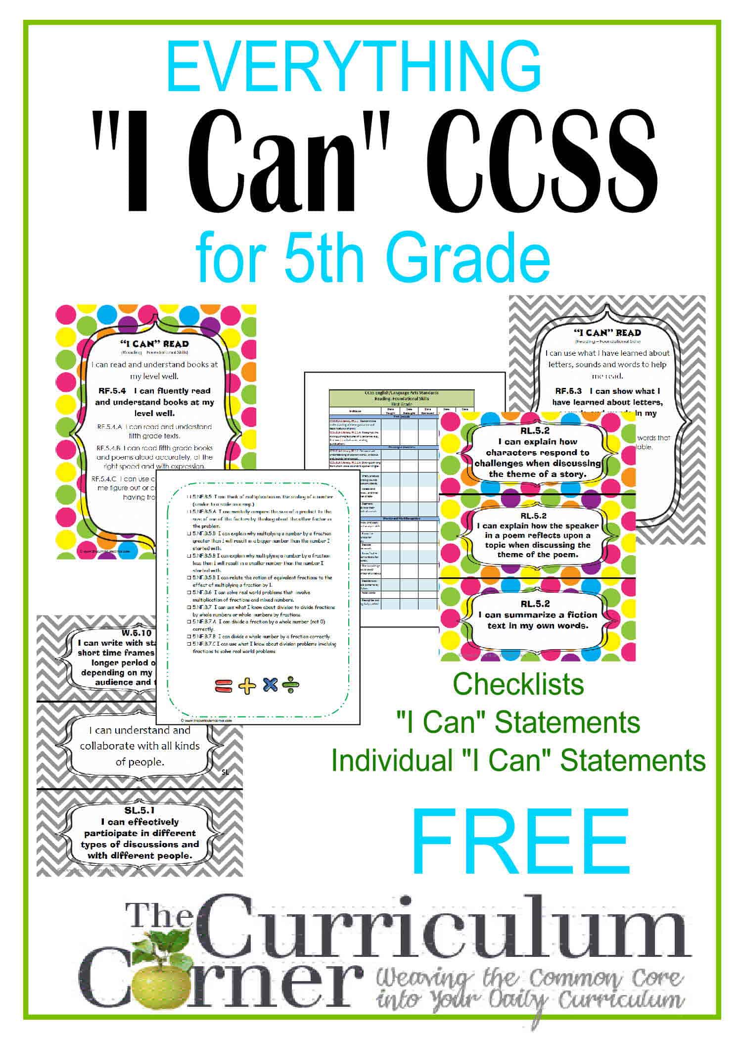 Everything "I Can" Common Core for 5th Grade - The Curriculum Corner 4-5-6