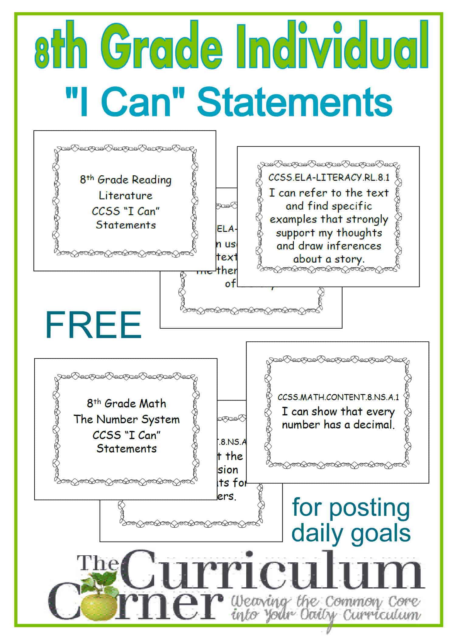 8th Grade Free Individual "I Can" Statements from The Curriculum Corner ...