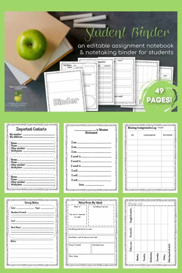 Editable Student Planning Binder - The Curriculum Corner 4-5-6