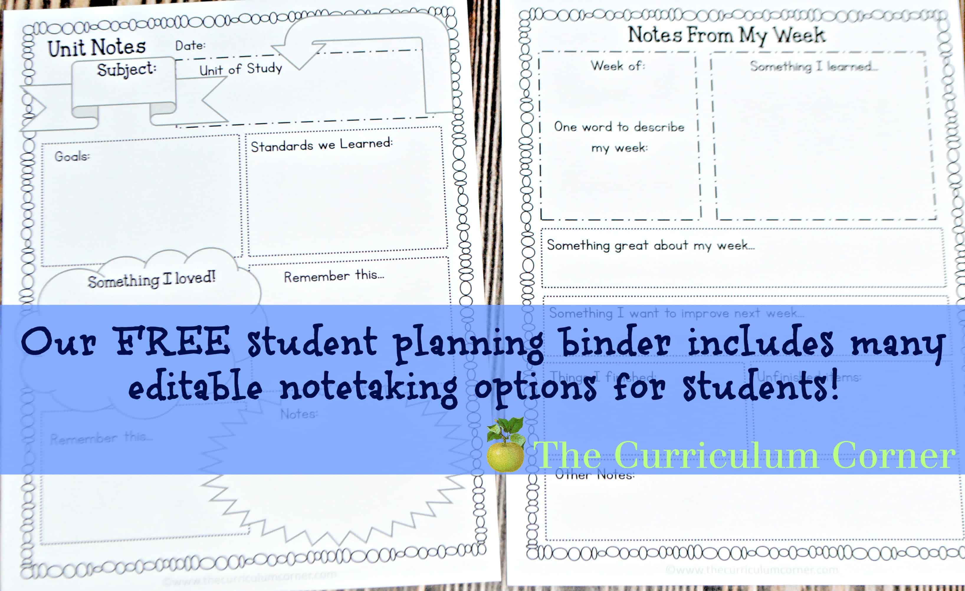 Editable Student Planning Binder - The Curriculum Corner 4-5-6