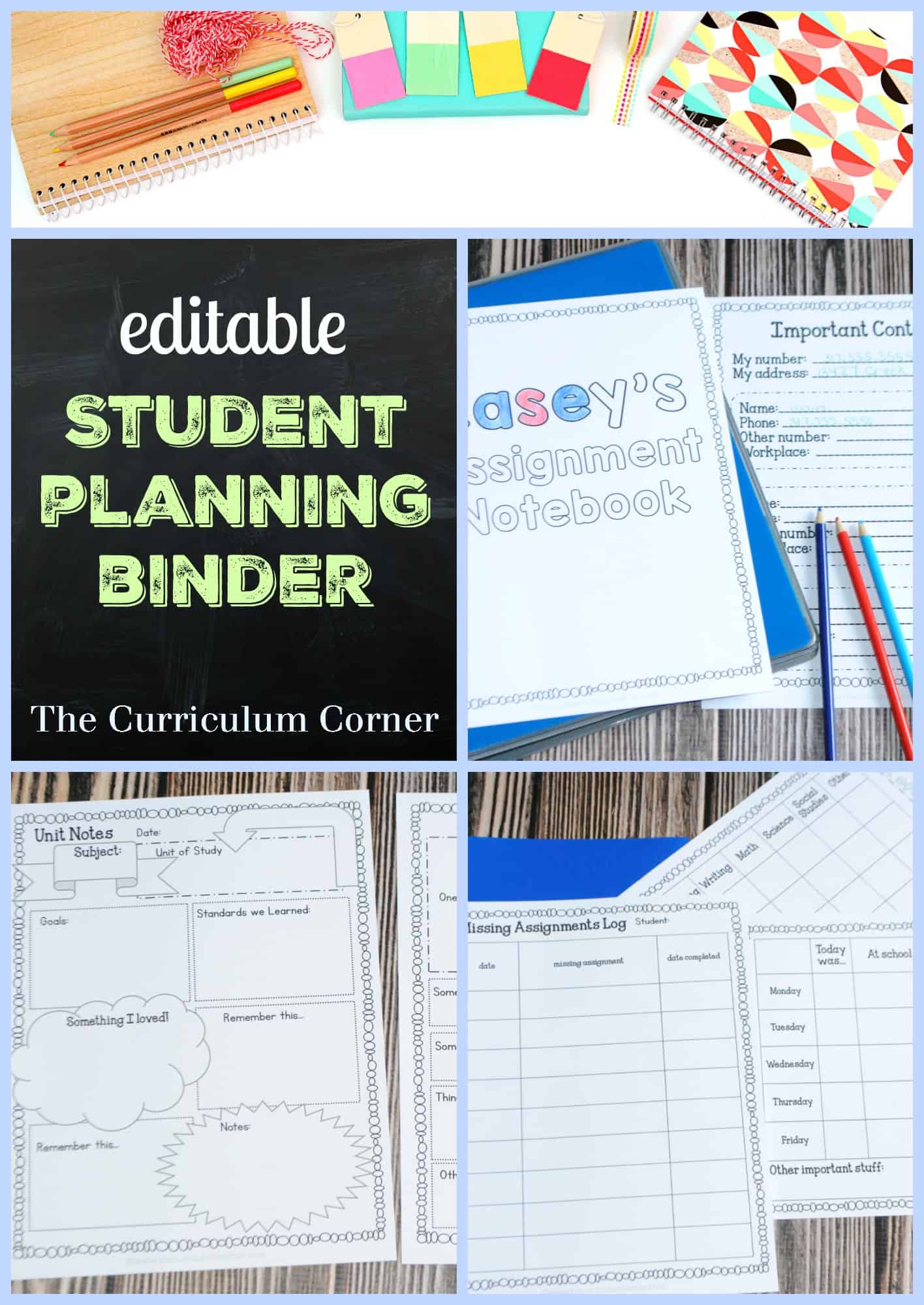 Editable Student Planning Binder - The Curriculum Corner 4-5-6