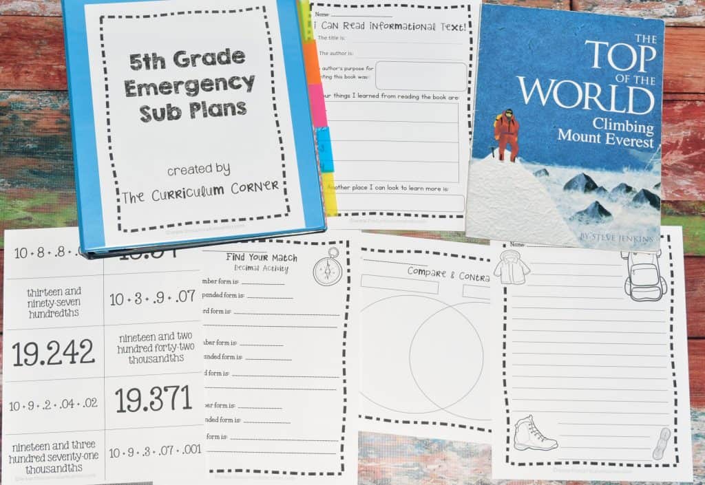 FREE Emergency Sub Plans 5th Grade - The Curriculum Corner 4-5-6