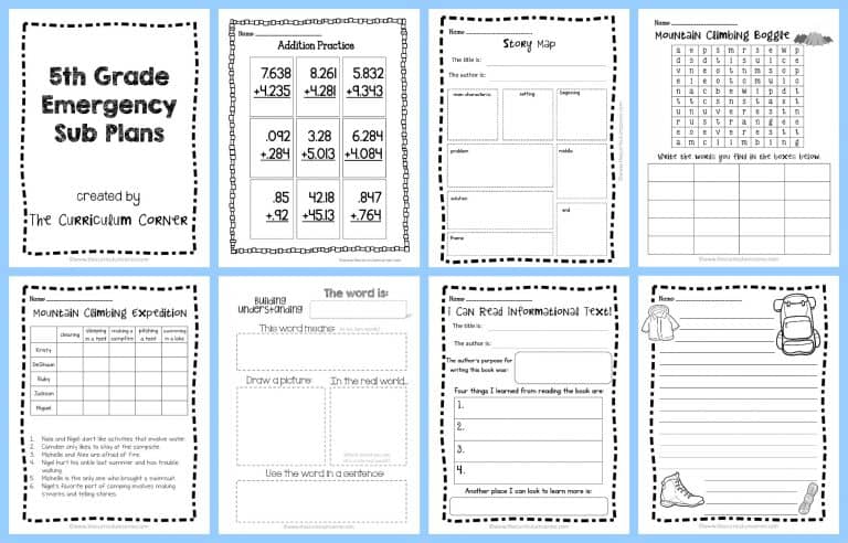 5th Grade Sub Plans - Set 2 - The Curriculum Corner 4-5-6