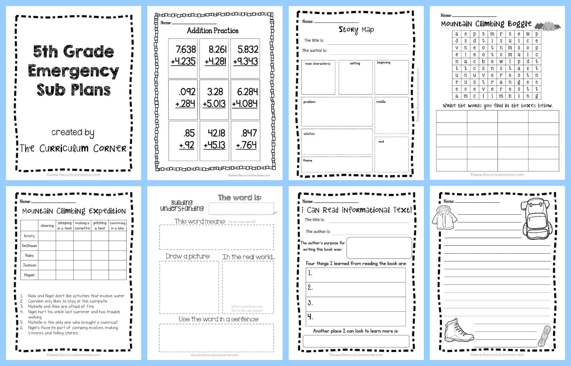 5th Grade Sub Plans - Set 2 - The Curriculum Corner 4-5-6