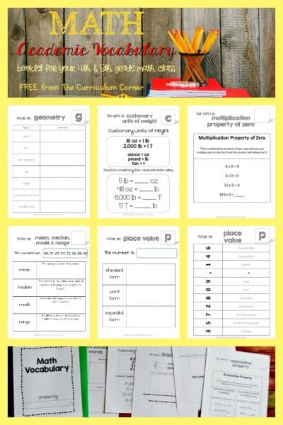 Math Academic Vocabulary Booklet - The Curriculum Corner 4-5-6
