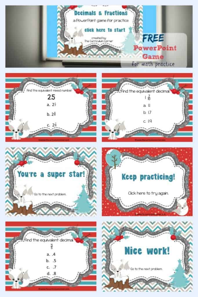 Winter Decimals & Fractions PowerPoint Game - The Curriculum Corner 4-5-6