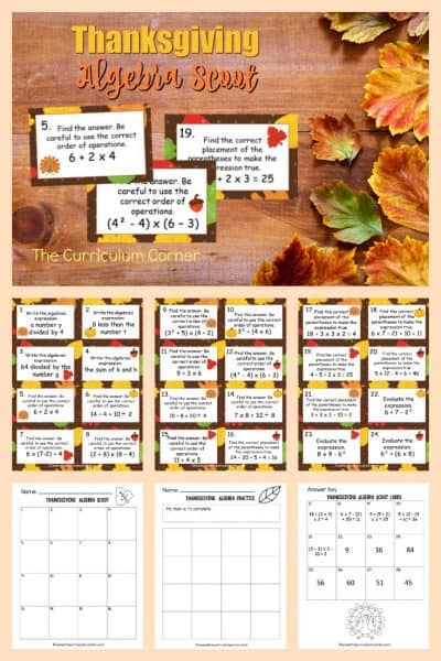 Thanksgiving Algebra Scoot Game - The Curriculum Corner 4-5-6