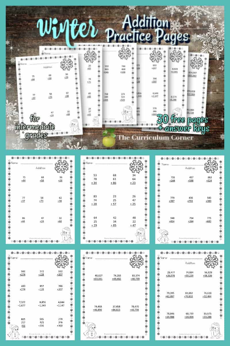Winter Addition Practice Pages - The Curriculum Corner 4-5-6