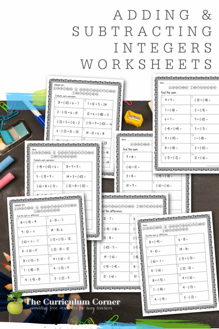 Adding & Subtracting Integers Worksheets - The Curriculum Corner 4-5-6