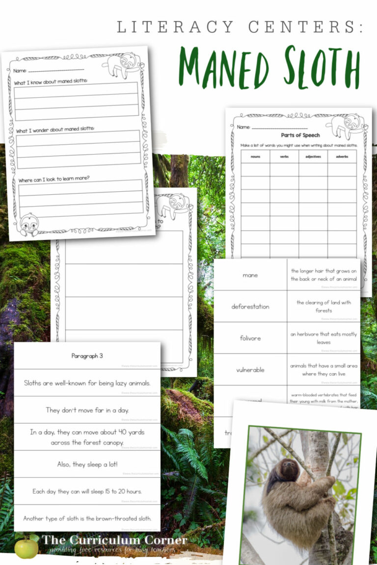 Literacy Centers: Maned Sloth - The Curriculum Corner 4-5-6
