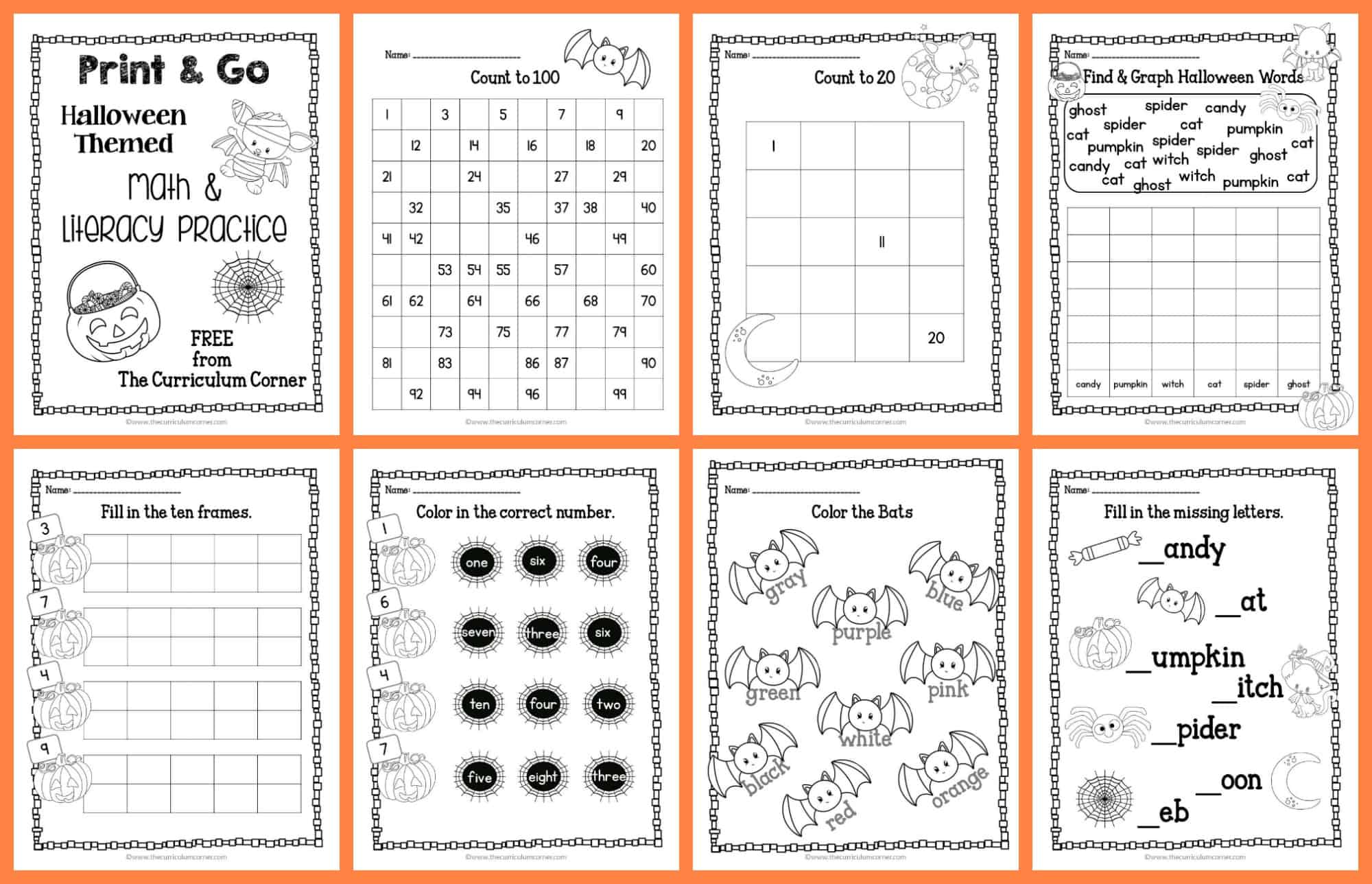 Halloween Print & Go Math and Literacy Practice - The Kinder Corner